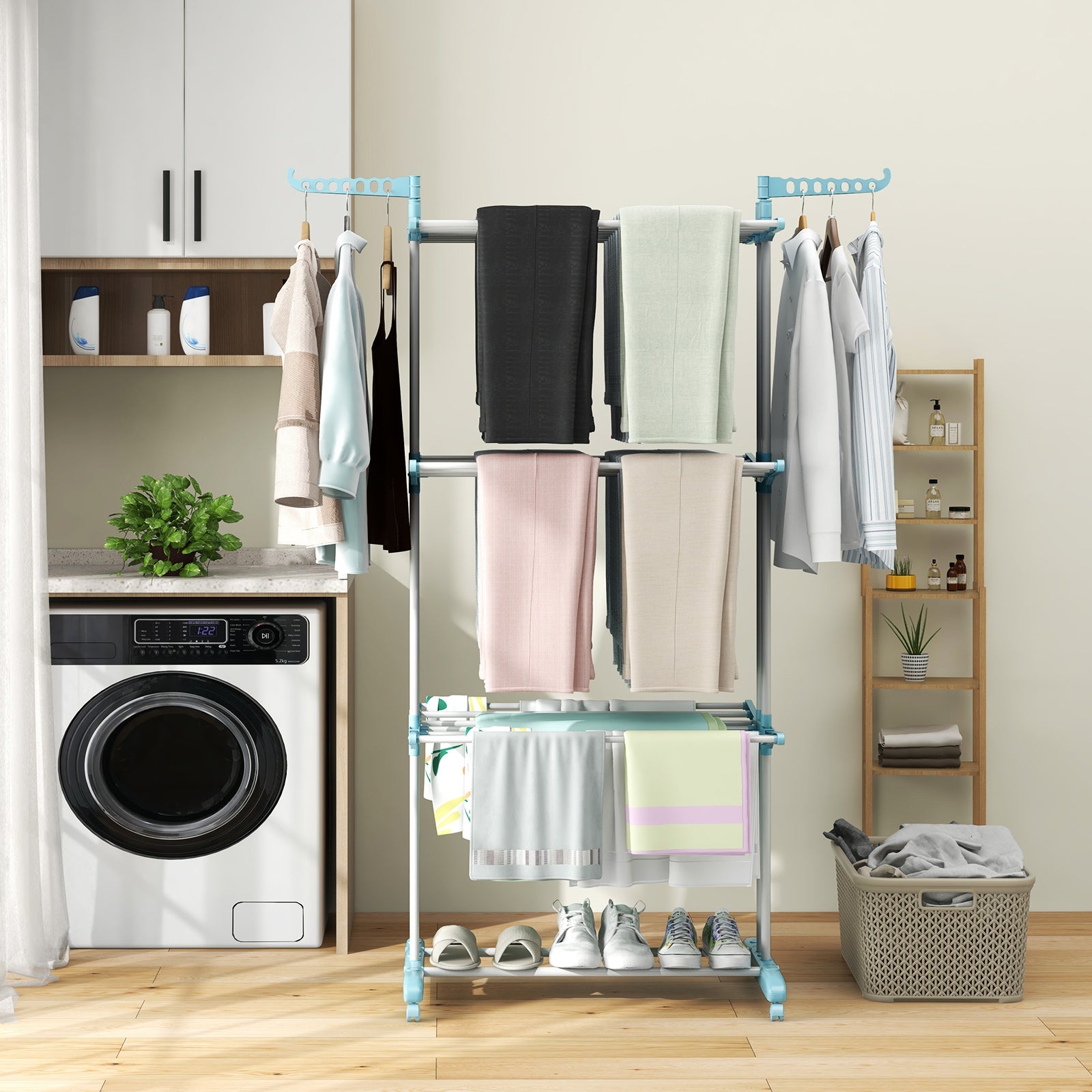 4-tier Clothes Drying Rack with Rotatable Side Wings and Collapsible S ...